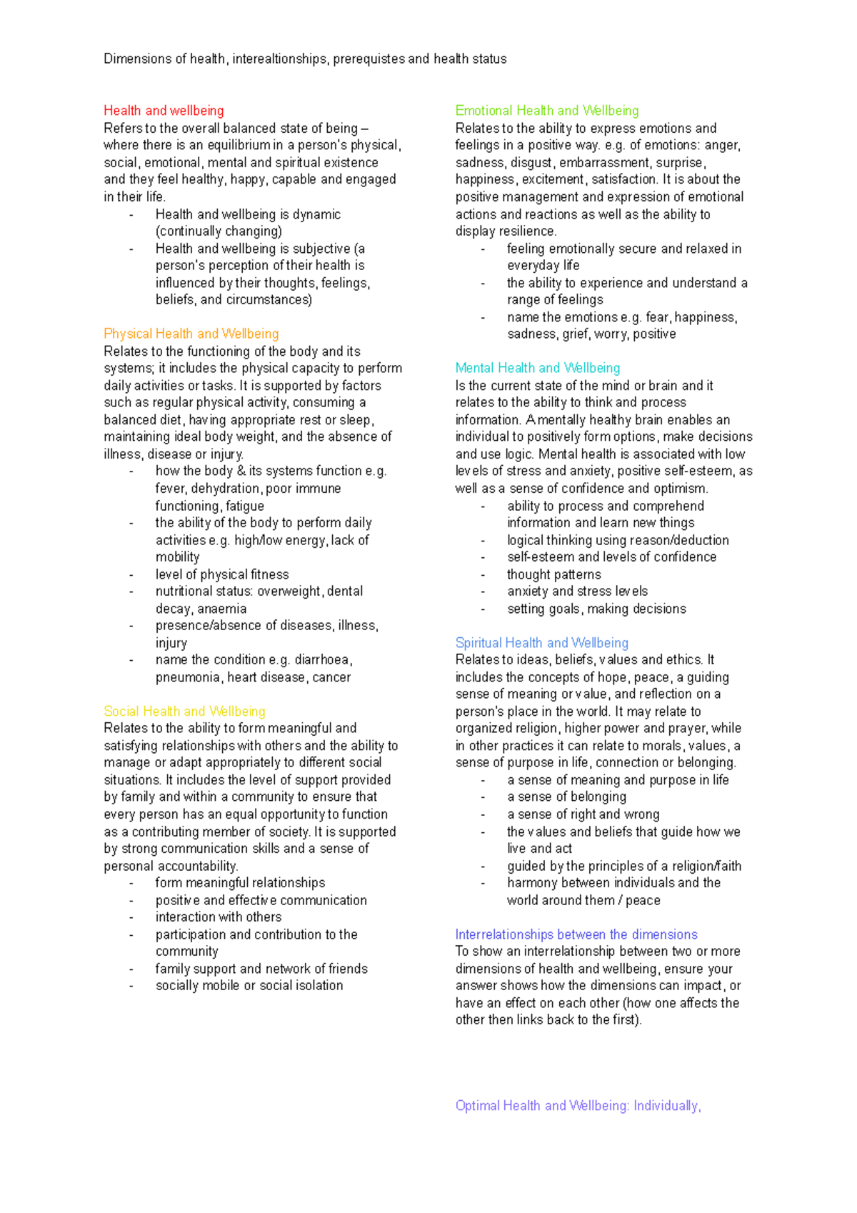 HHD Revision Ch 1-2 - Unit 3/4 - Dimensions of health ...