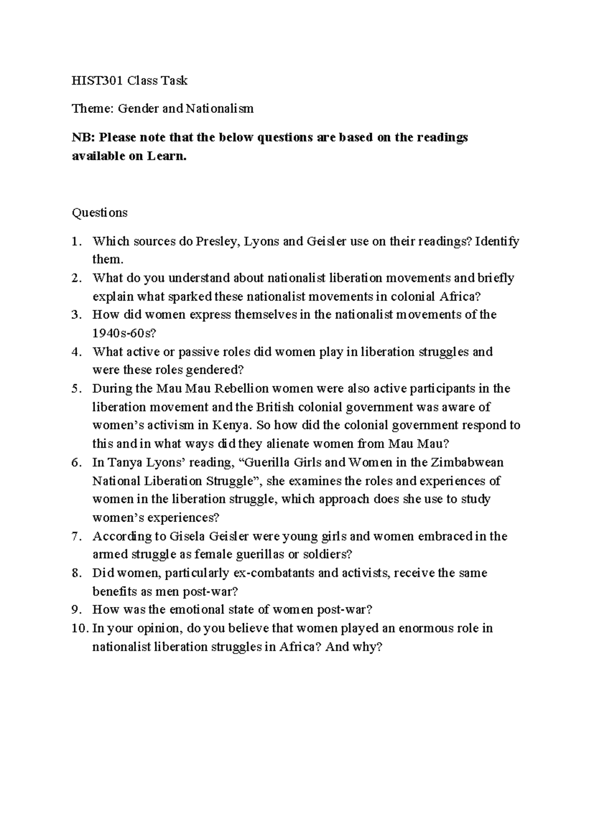 HIST301 Class Task - HIST301 Class Task Theme: Gender and Nationalism ...