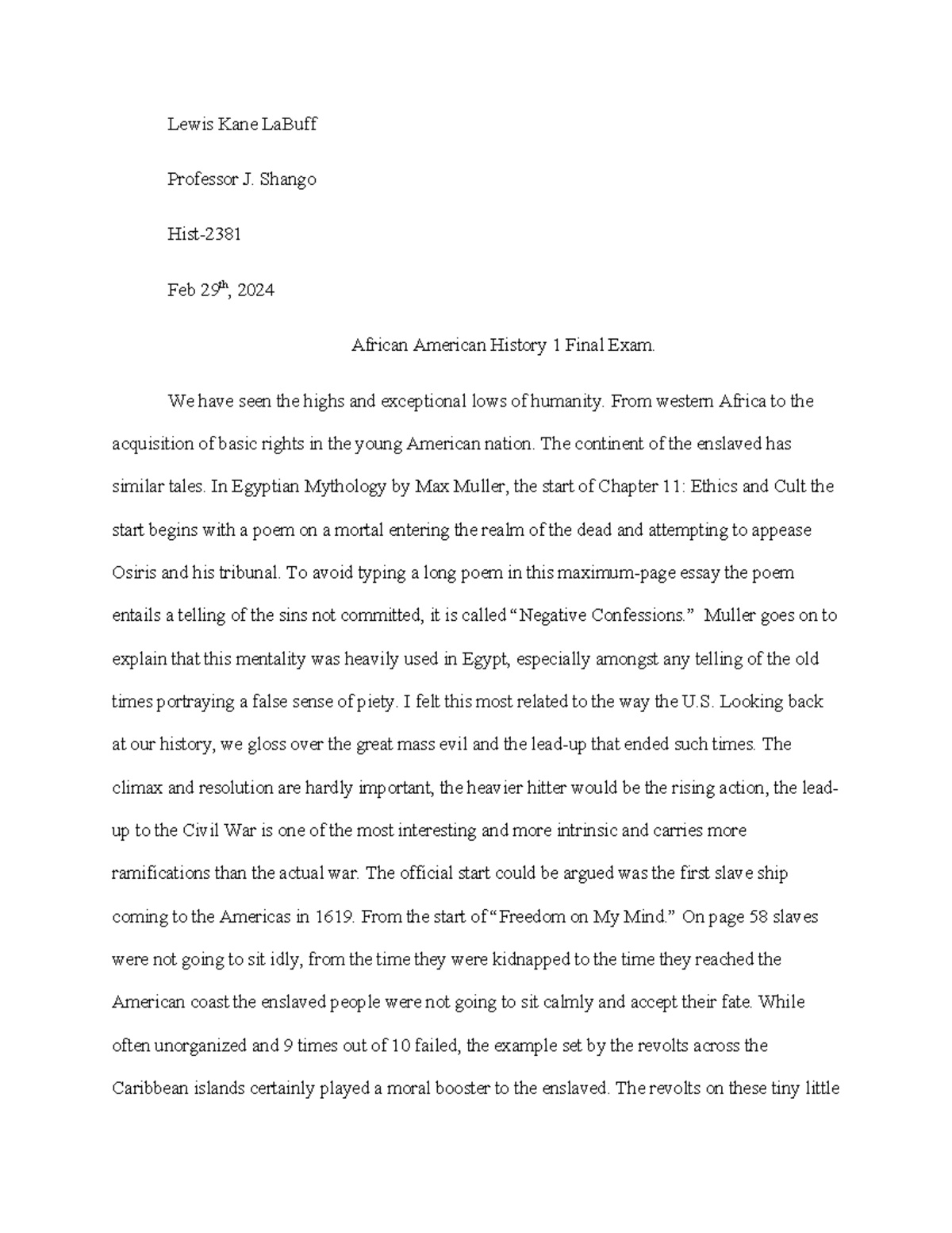 Lewis Kane La Buff, Professor J Shango, Final Exam, March 6th, 2024 ...