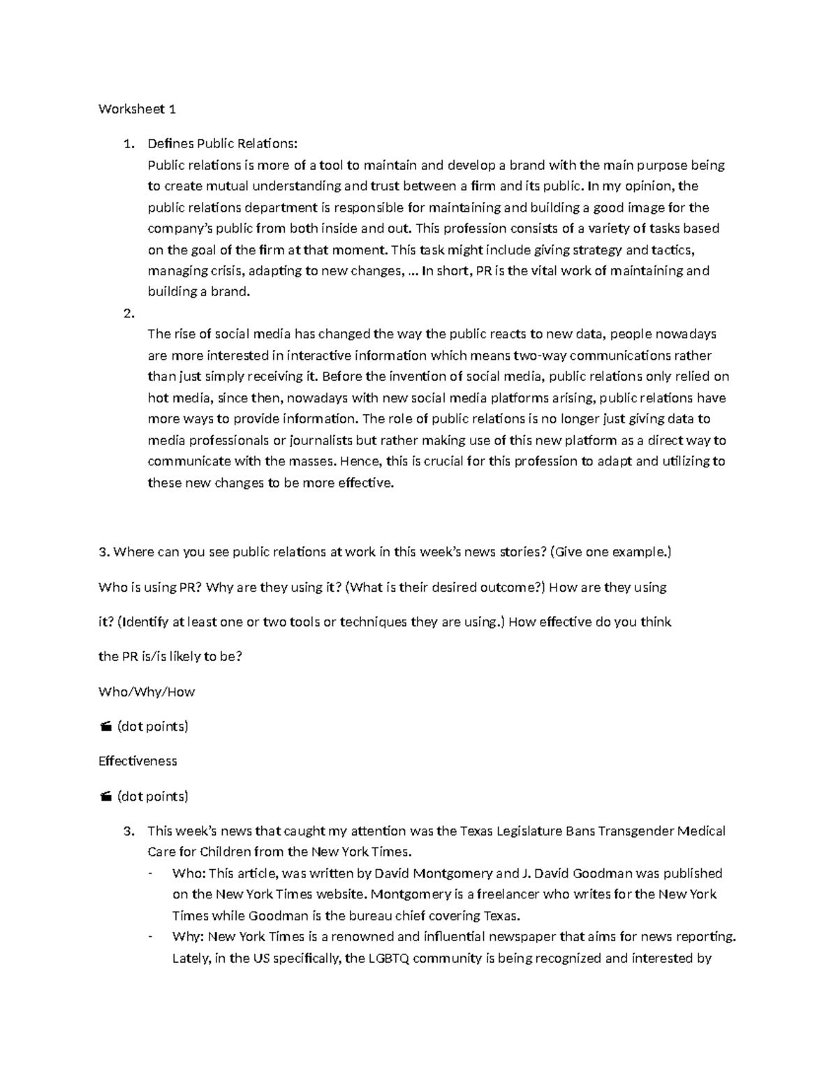 Assignment 1 - Worksheet 1 1. Defines Public Relations: Public ...