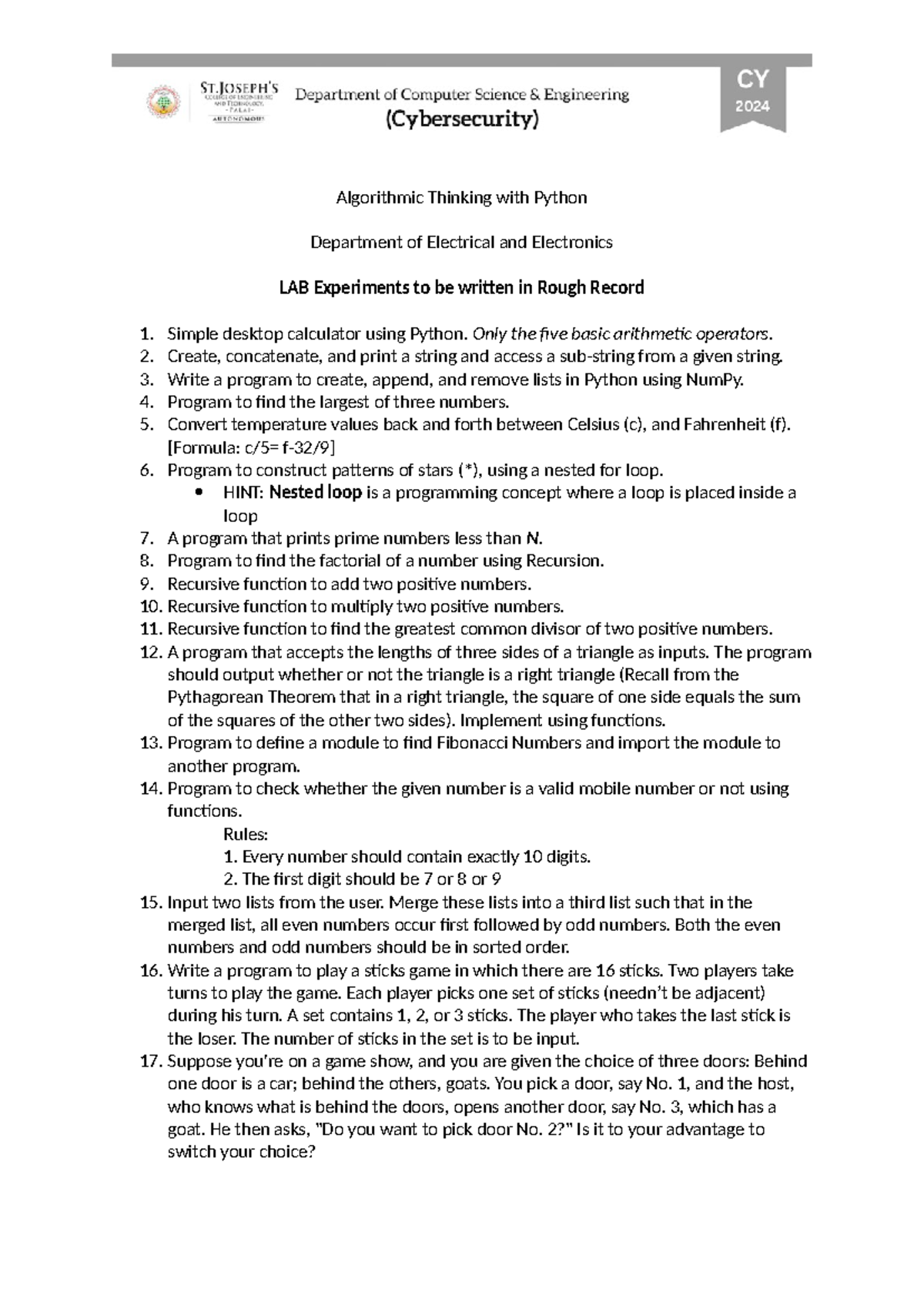LAB Experiments - noting here - Algorithmic Thinking with Python Department of Electrical and ...