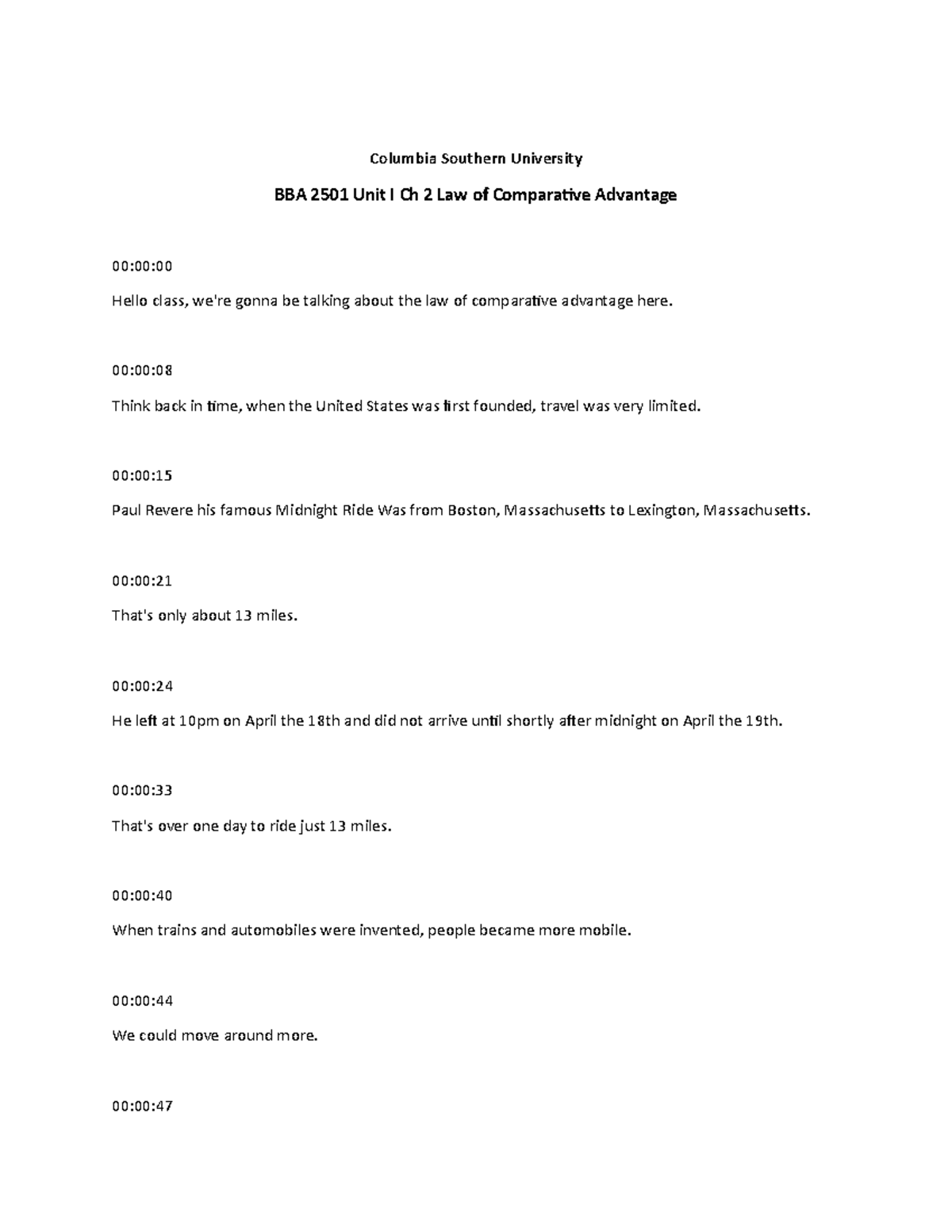 Transcript Unit I Law of Comparative Advangtage - Columbia Southern ...