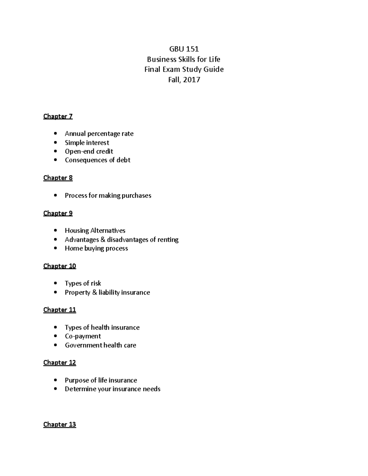 Fall 2017 - Final Exam - Study Guide - GBU 151 Business Skills for Life ...