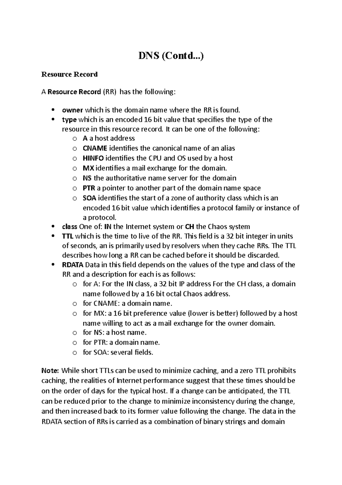 DNS (Contd - BY SACHIN SIR - DNS (Contd...) Resource Record A Resource Record (RR) has the - Studocu