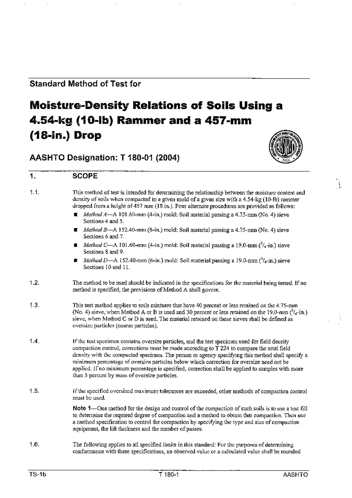 Aashto t 180 modified proctor - Civil engineering - Studocu