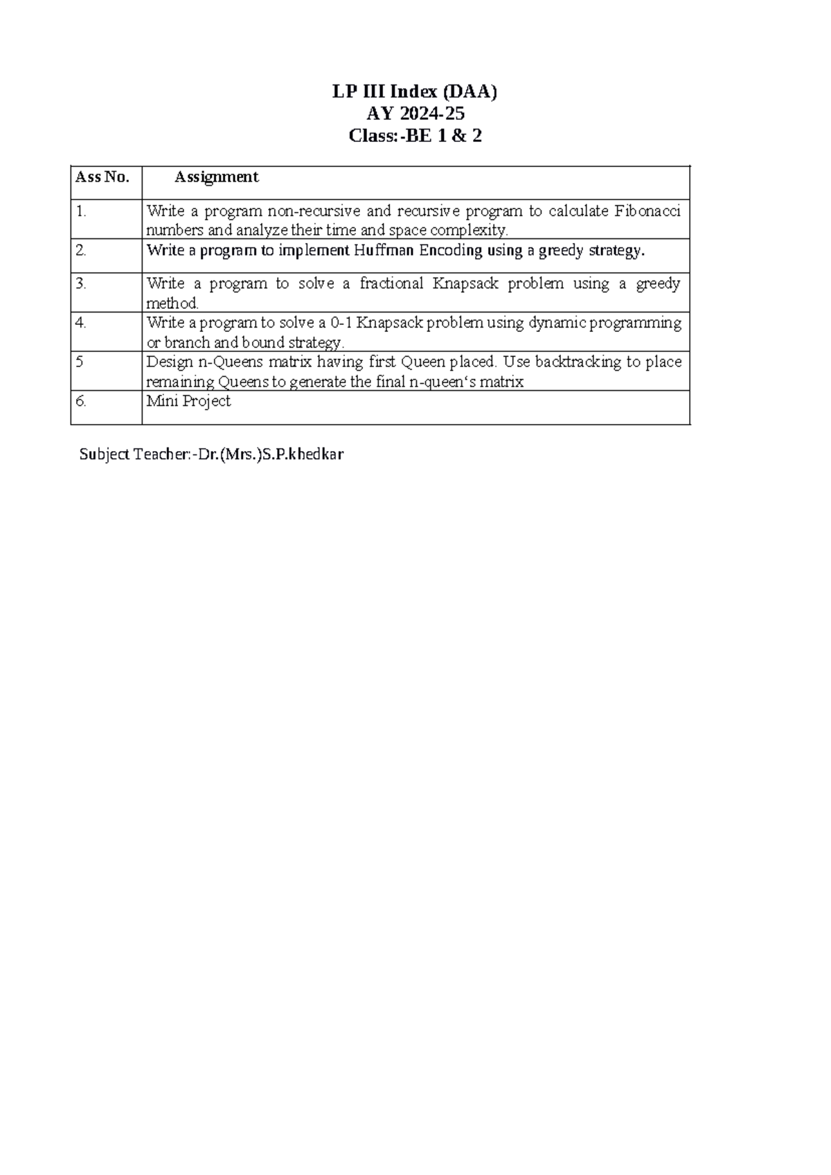 LP 3 DAA lab manual - DAA - LP III Index (DAA) AY 2024- Class:-BE 1 & 2 Ass No. Assignment 1 ...