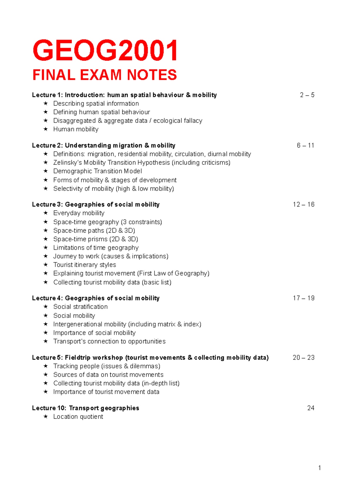 GEOG2001 exam notes - GEOG FINAL EXAM NOTES Lecture 1: Introduction ...