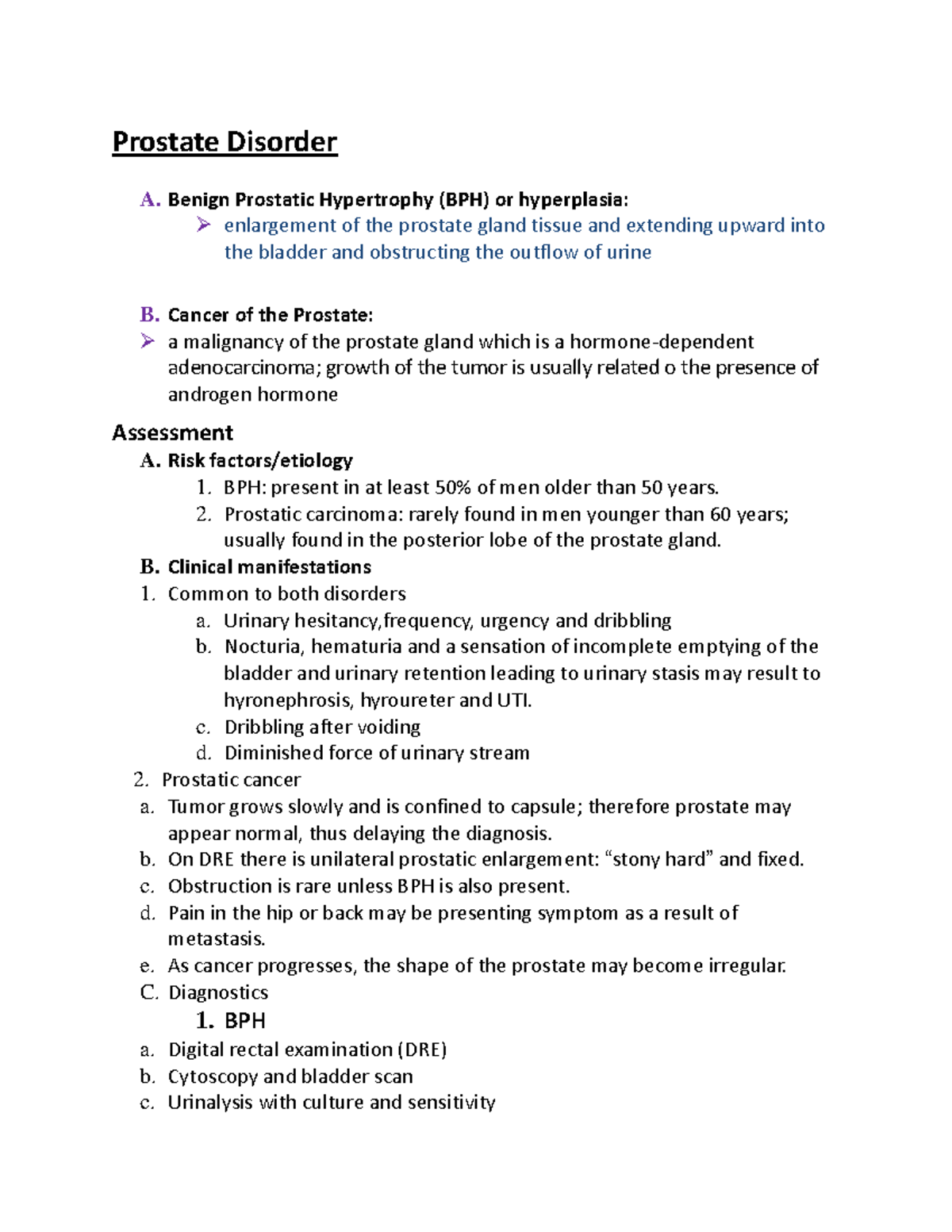 Prostate Disorder - REVIEWER NOTES - Prostate Disorder A. Benign ...