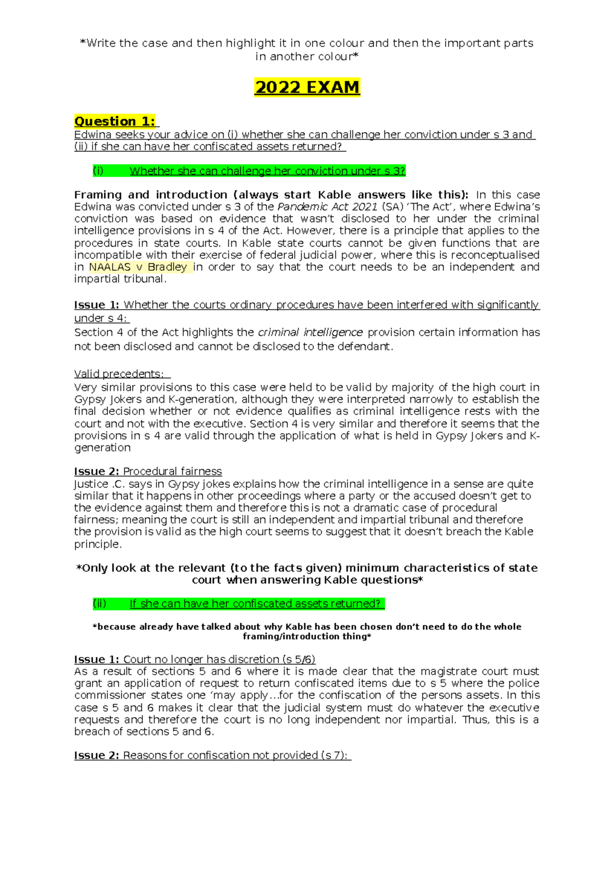 2022 EXAM practice - Revison PPL - *Write the case and then highlight ...