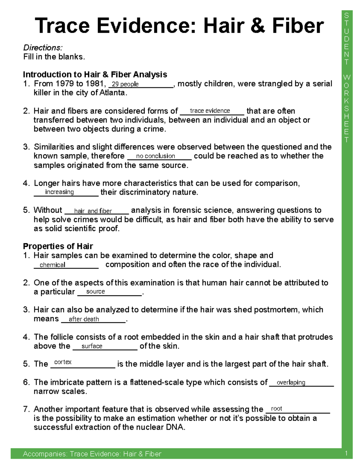 Hair & Fiber Student Notes - T U D E N T W O R K S H E E T Trace ...