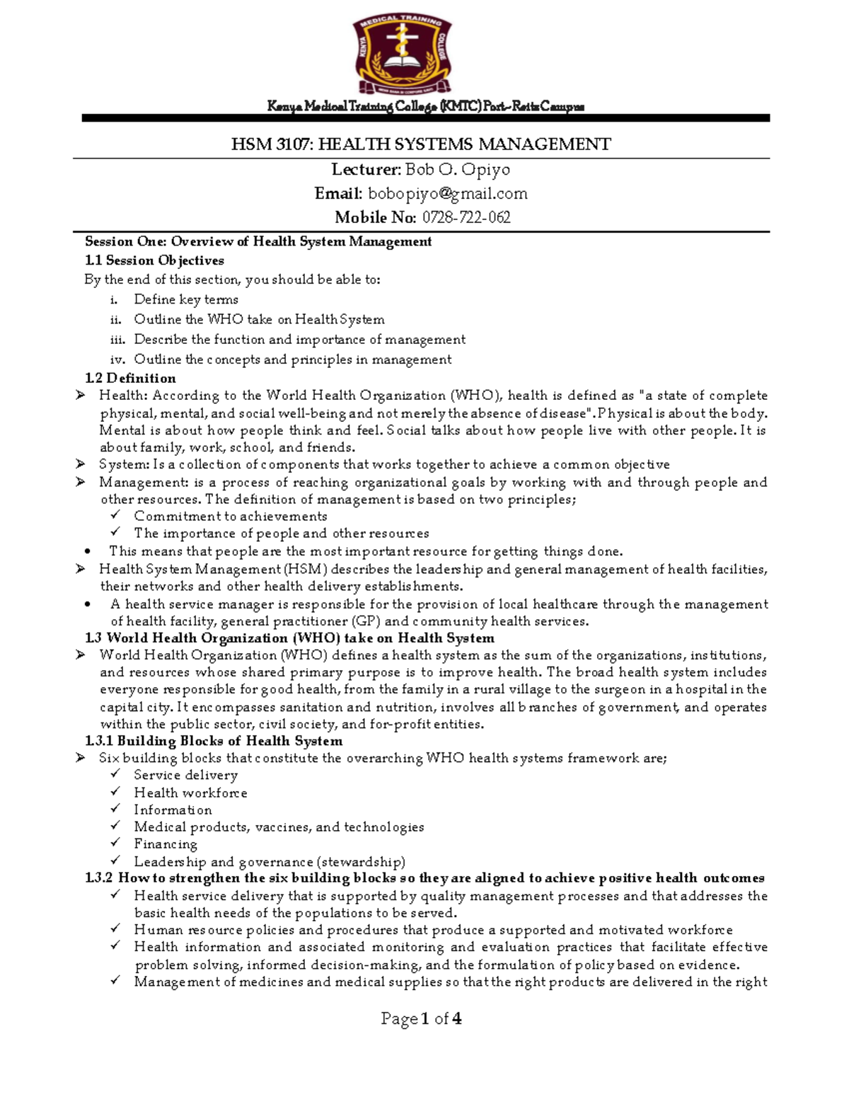 Sessions one-Overview of Health System Management - HSM 3107: HEALTH ...