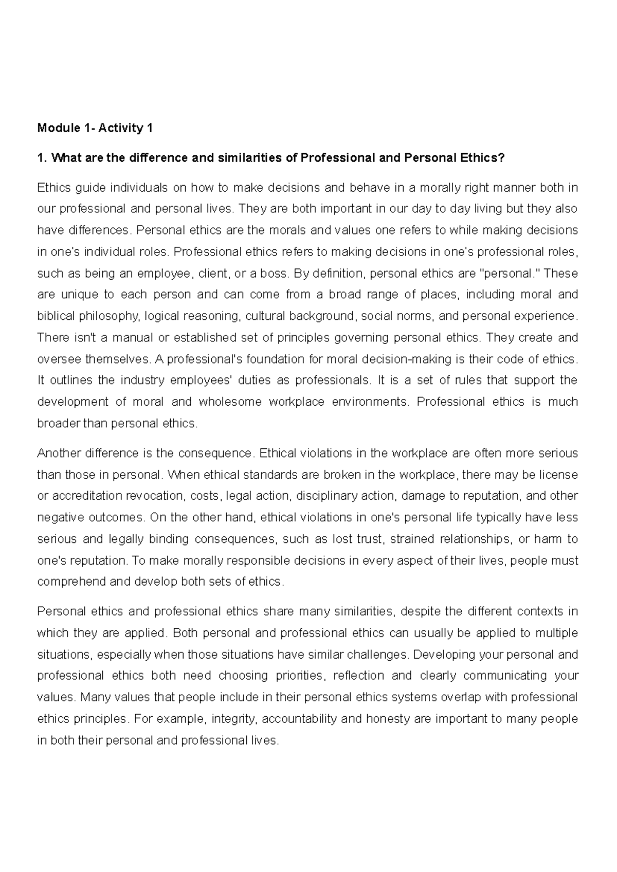 Ethics - Reviewer - Module 1- Activity 1 What are the difference and ...