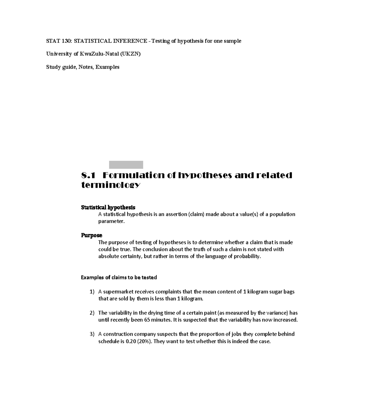 Stat 130 Statistical Inference Stat 130 Statistical Inference Testing Of Hypothesis For One