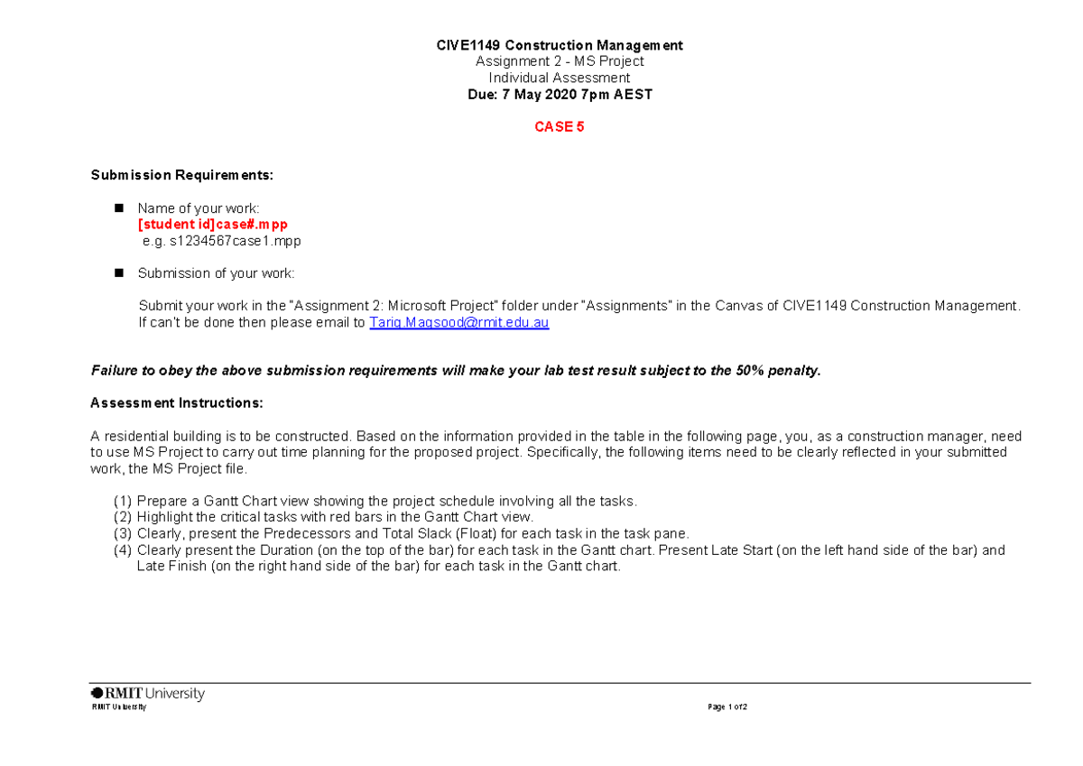 Assignment 2 - Case 5 - MICROSOFT PROJECT INSTRUCTIONS - RMIT ...