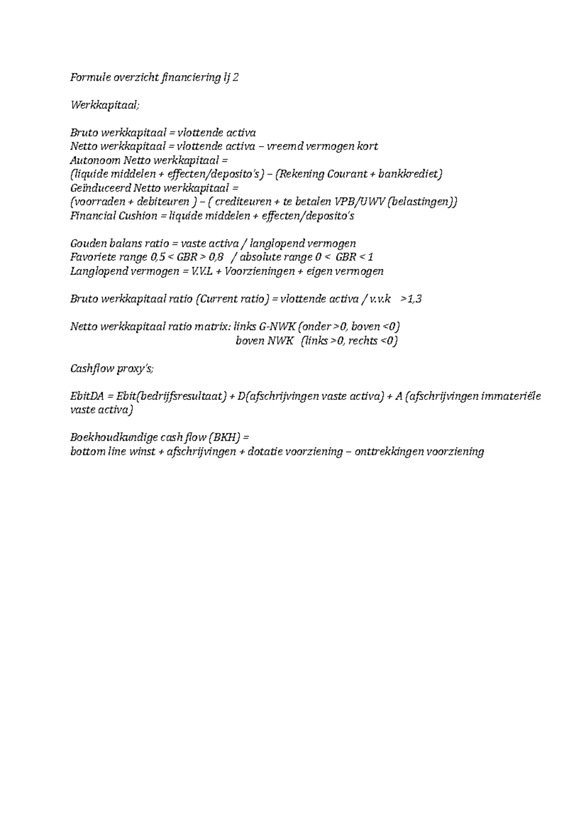 Financiering Formules - Formule overzicht financiering lj 2 ...