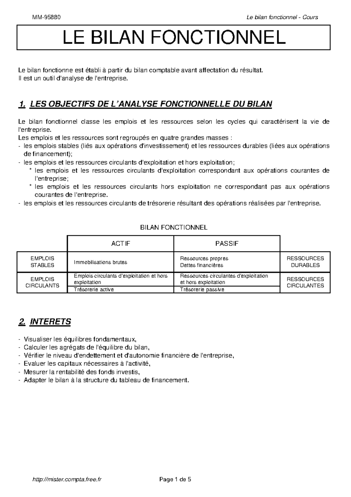 Bilan Fonctionnel - Cours - Le bilan fonctionne est établi à partir du ...