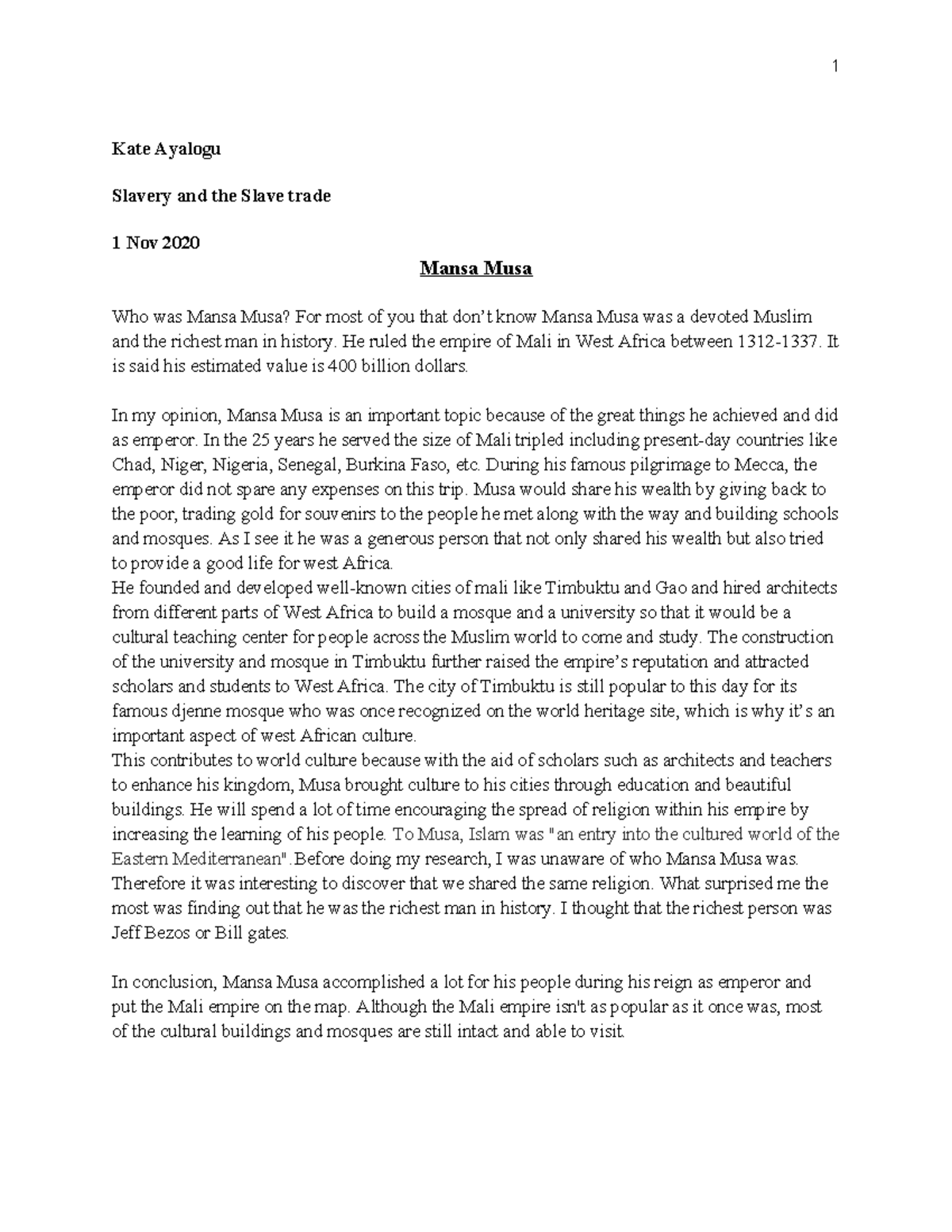 Mansa Musa2 - Summary Pop Culture - 1 Kate Ayalogu Slavery and the ...