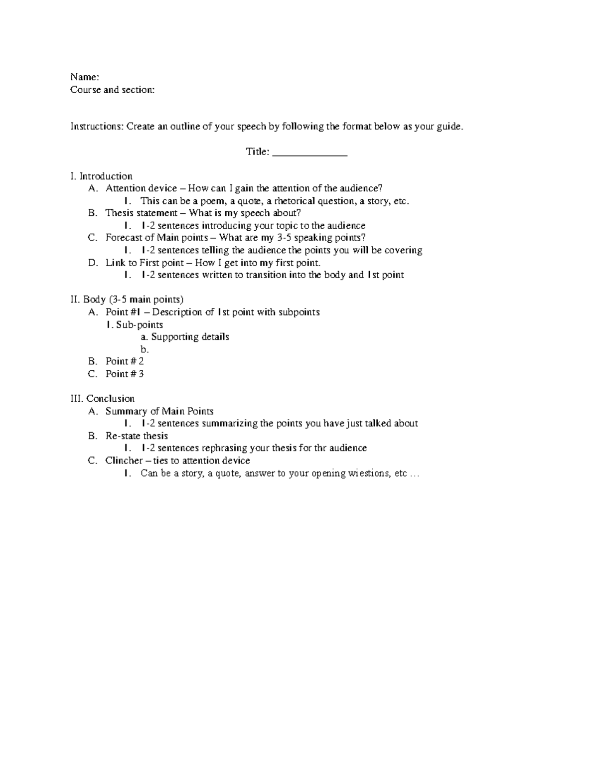 Speech outline format - ADFAFASDFSFD - Name: Course and section ...