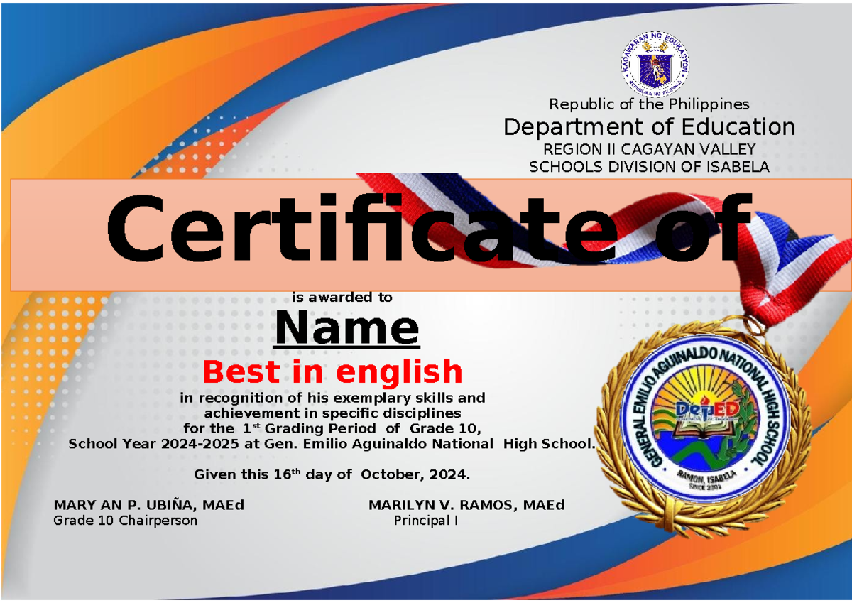 Certi- Specific- Discipline - Best in english in recognition of his ...