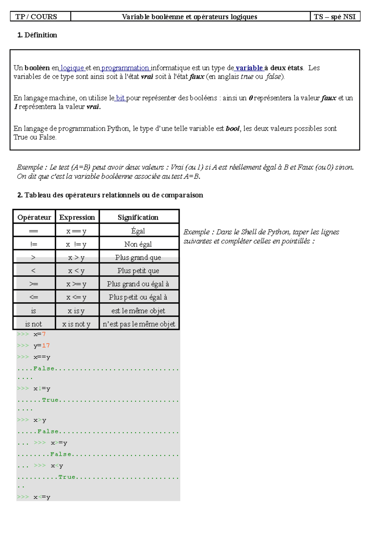 Tp-booleen NSI - TP NSI - TP / COURS Variable booléenne et opérateurs ...