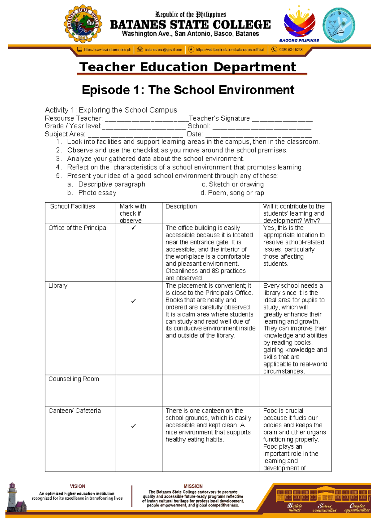 FS-1-learning-episodes-1-10 - Episode 1: The School Environment ...
