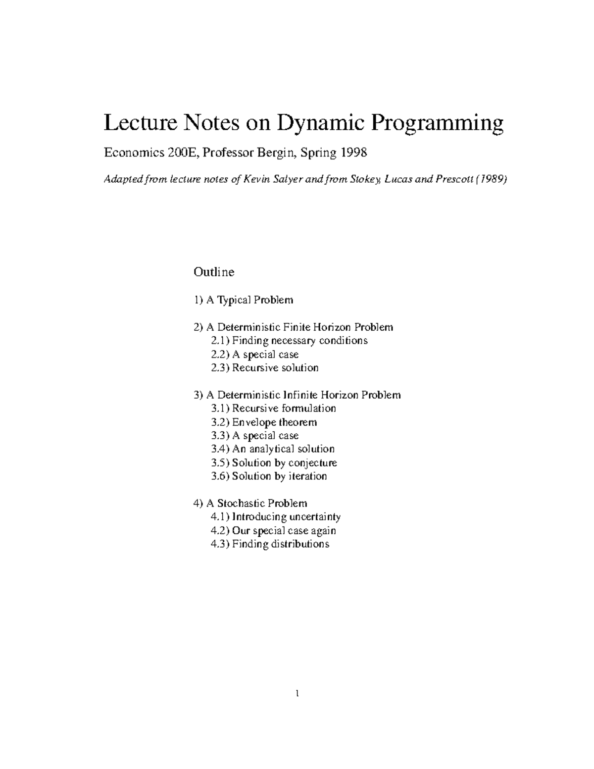 dynamic Programming - Lecture Notes on Dynamic Programming Economics ...