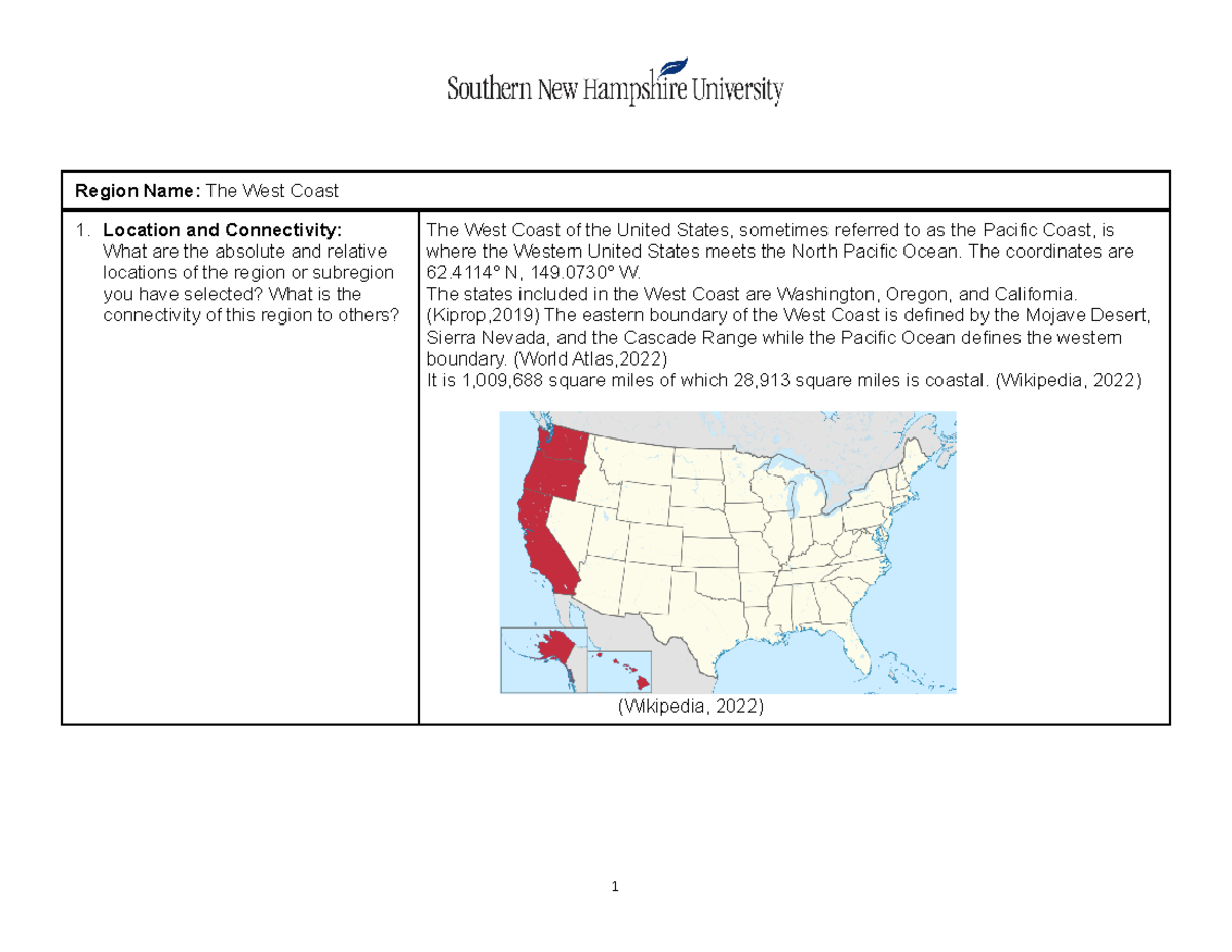 Module 1 Geo worksheet - Region Name: The West Coast Location and ...