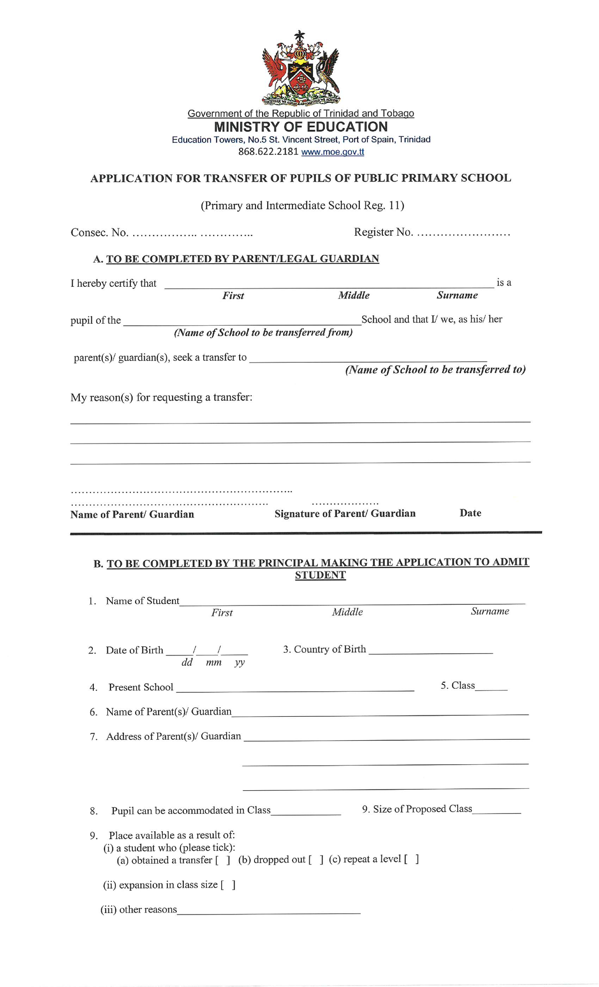 Application for transfer of pupils of public primary school ...