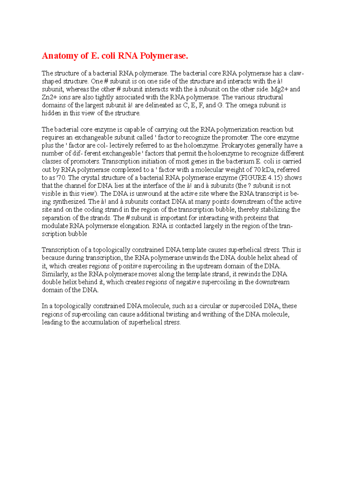 5 - note - Anatomy of E. coli RNA Polymerase. The structure of a ...