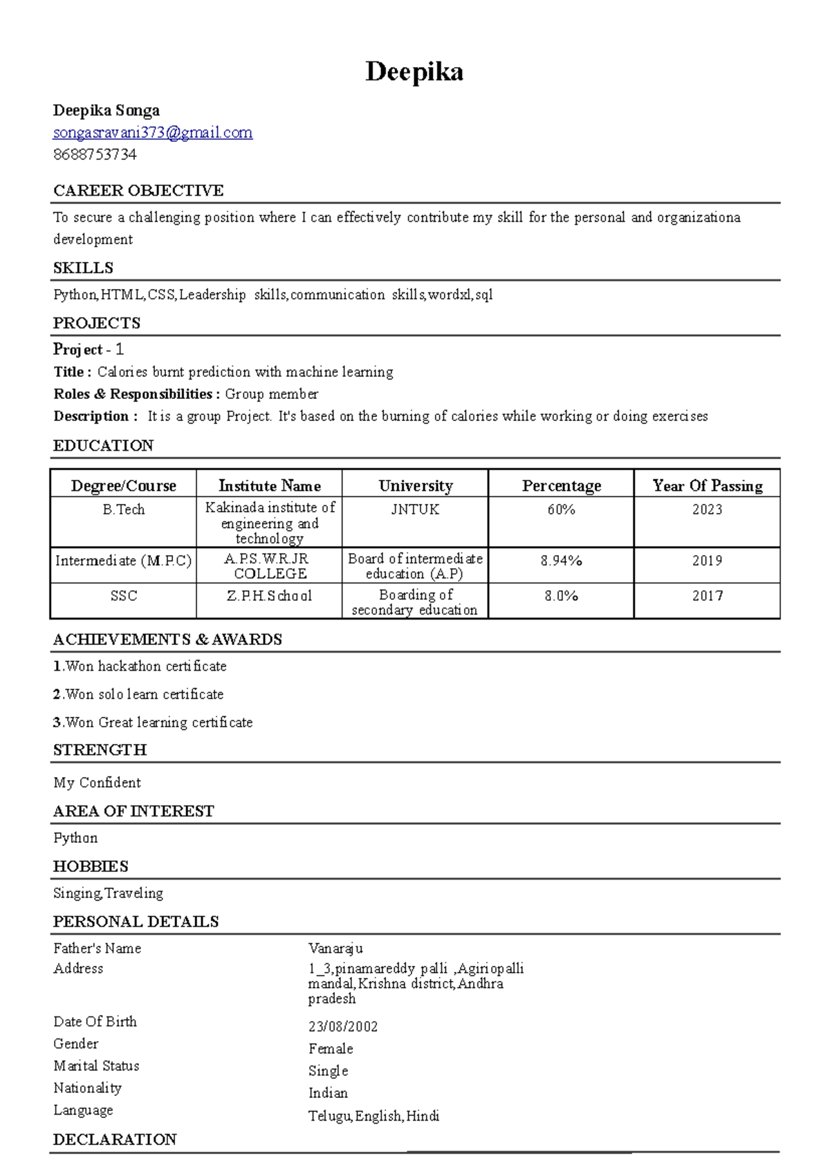 Deepika resume 1 - hello - Deepika Deepika Songa songasravani373@gmail ...
