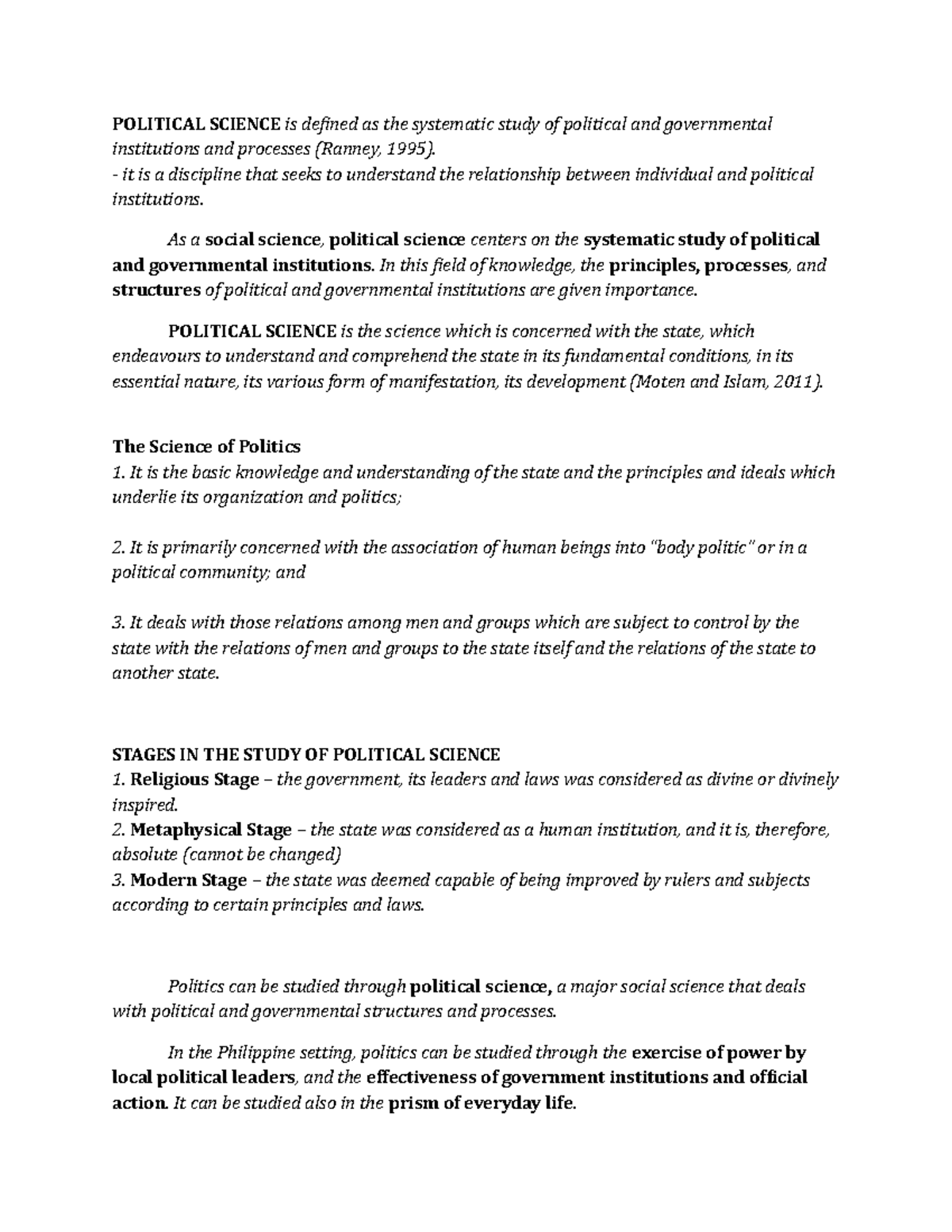 Political Science - Lecture notes 1 - POLITICAL SCIENCE is defined as ...