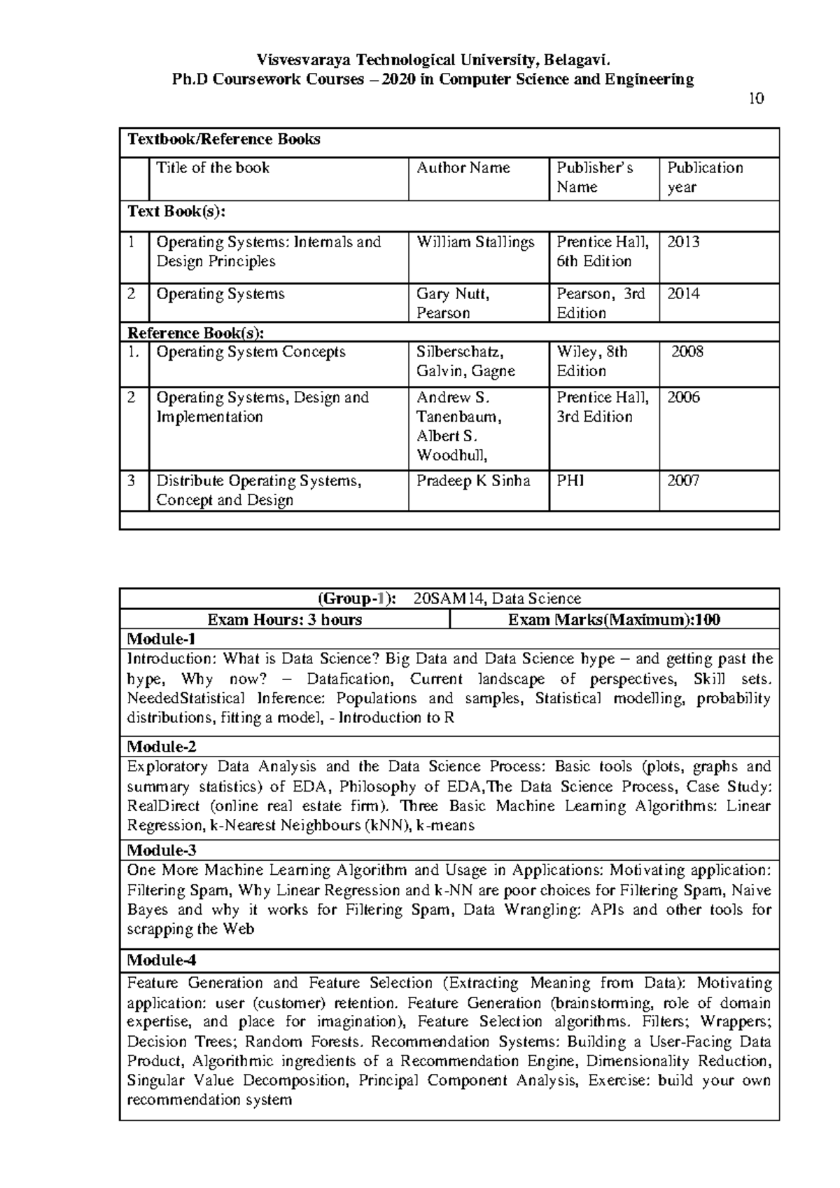 1 Data Science Syllabus - Visvesvaraya Technological University, Belagavi. Ph Coursework Courses ...