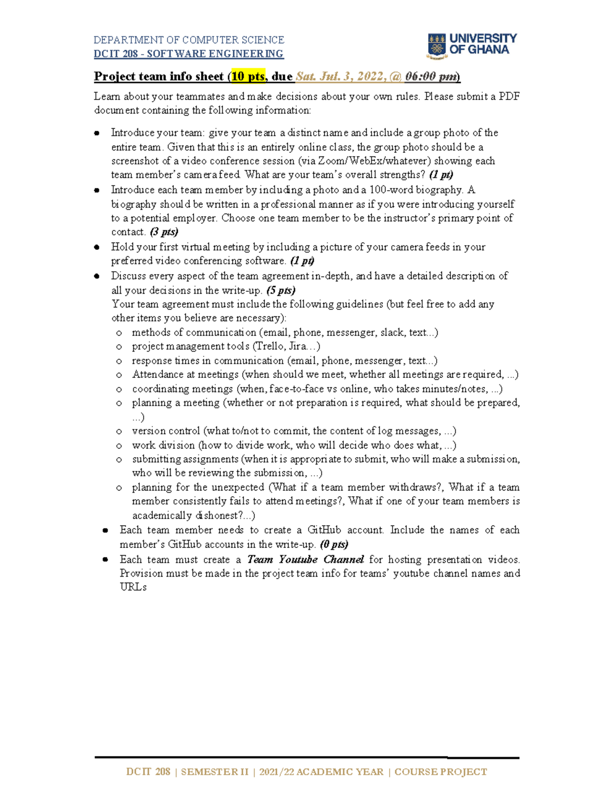 1 - Project team info sheet - DEPARTMENT OF COMPUTER SCIENCE DCIT 208 - SOFTWARE ENGINEERING ...