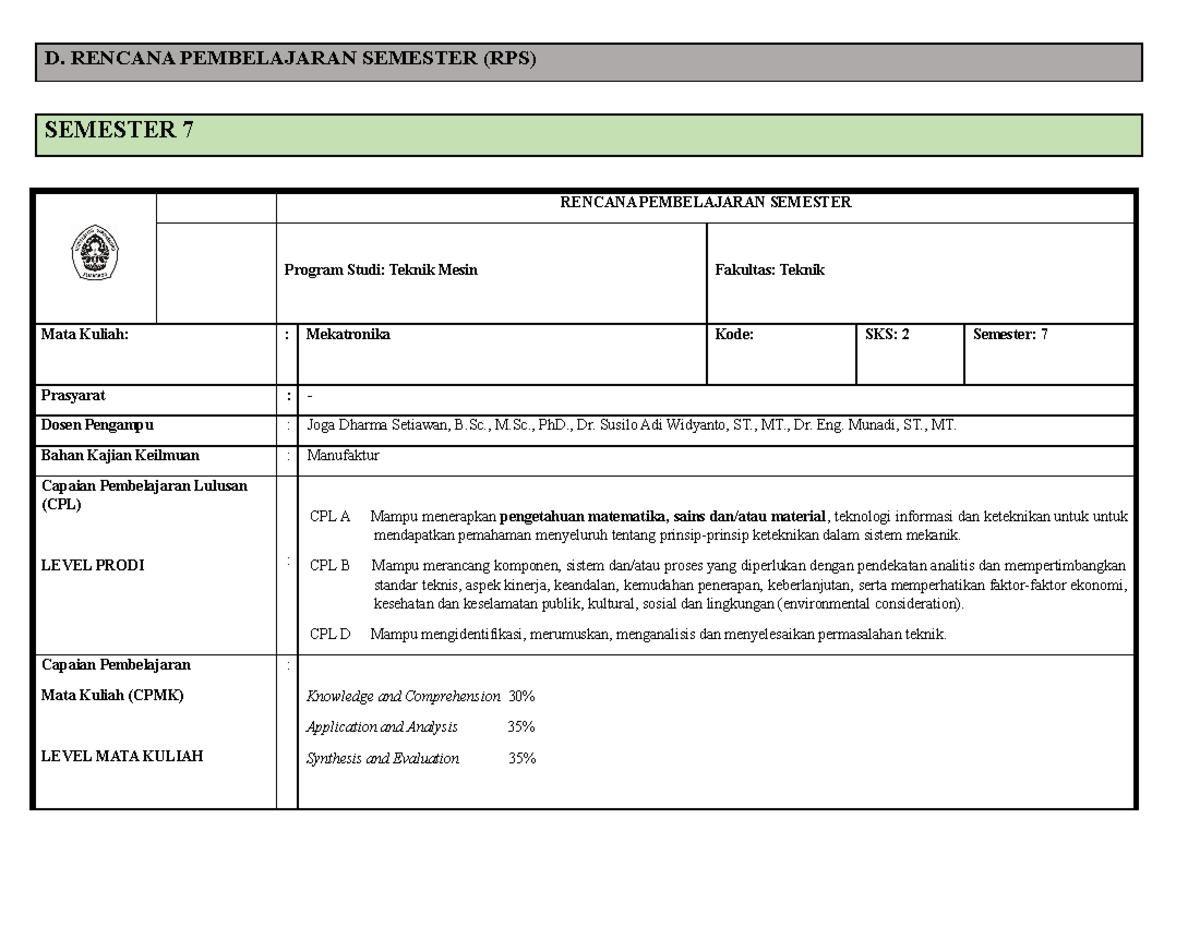 RPS Mekatronika J2 - D. RENCANA PEMBELAJARAN SEMESTER (RPS) SEMESTER 7 ...