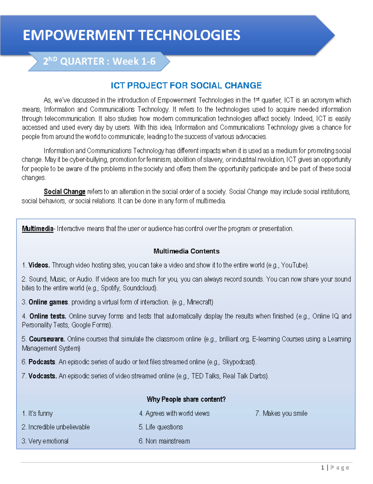 Etech 2ND Quarter Week 1 - 1 | P a g e EMPOWERMENT TECHNOLOGIES ICT ...