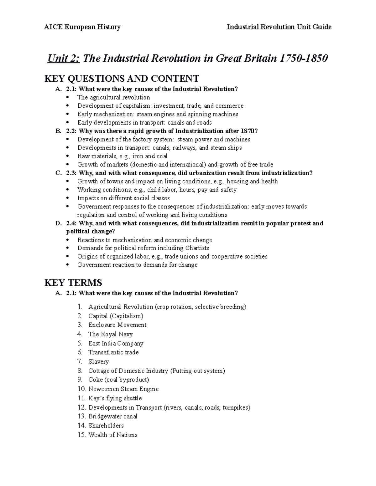 UNIT Guide Industrial Revolution - Unit 2: The Industrial Revolution in ...