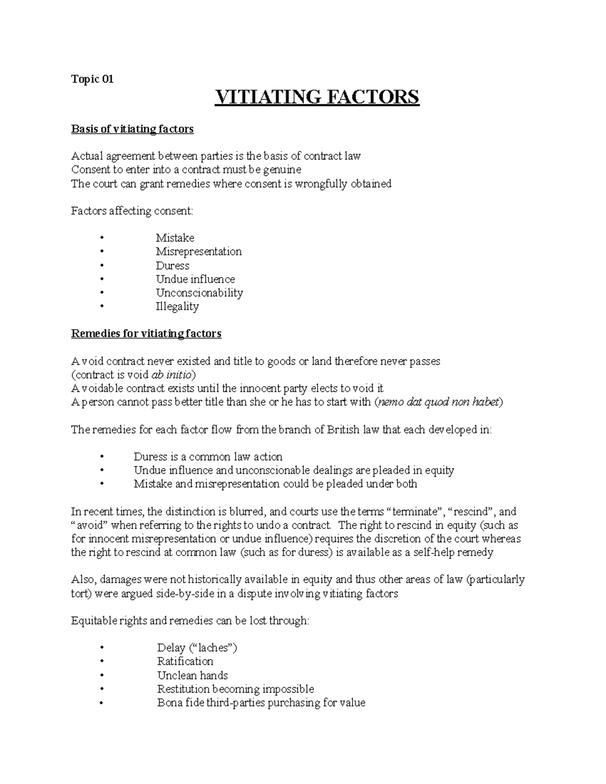 Topic 1 Vitiating Factors - LA1106 - Topic 01 VITIATING FACTORS Basis ...