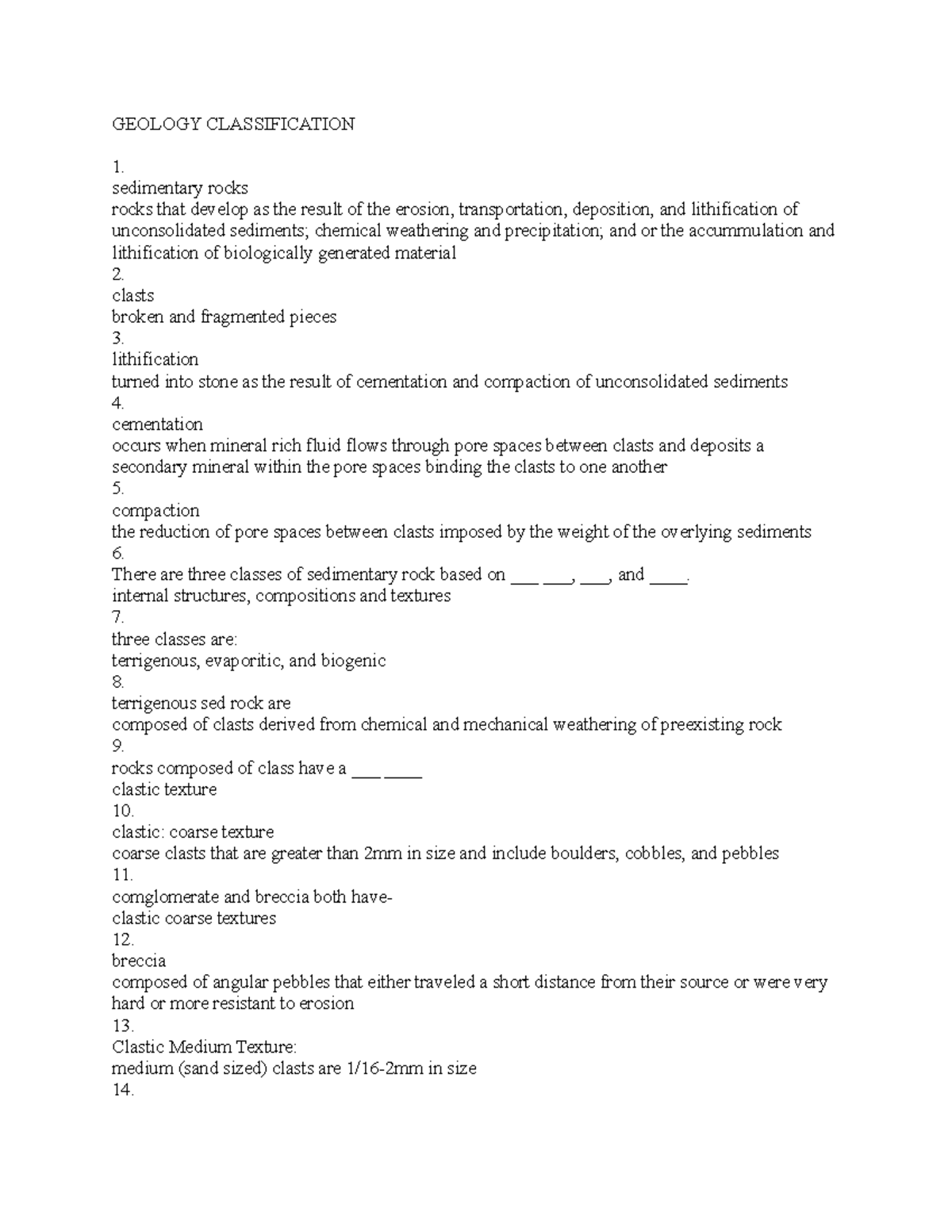 REVIEW FOR Geology Classification TEST - GEOLOGY CLASSIFICATION 1 ...