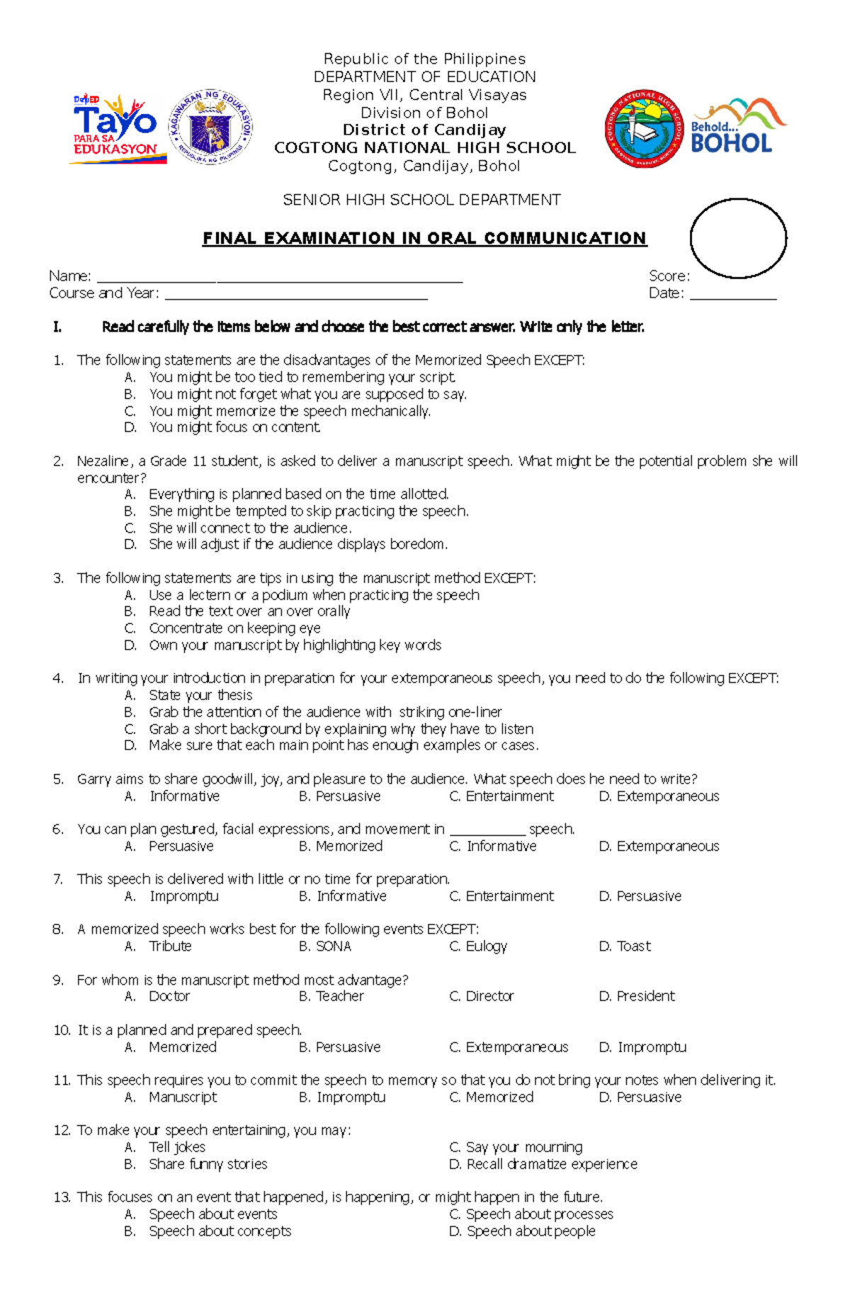 Final Exam 18 December 2017, questions - Republic of the Philippines ...