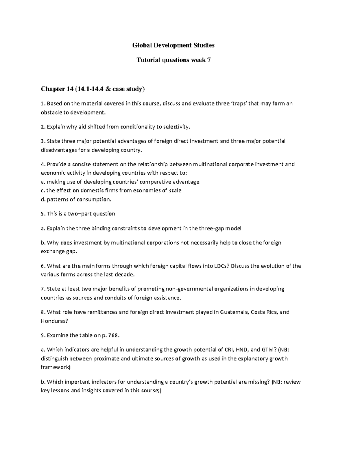 Tutorial questions week 7 - Global Development Studies Tutorial ...