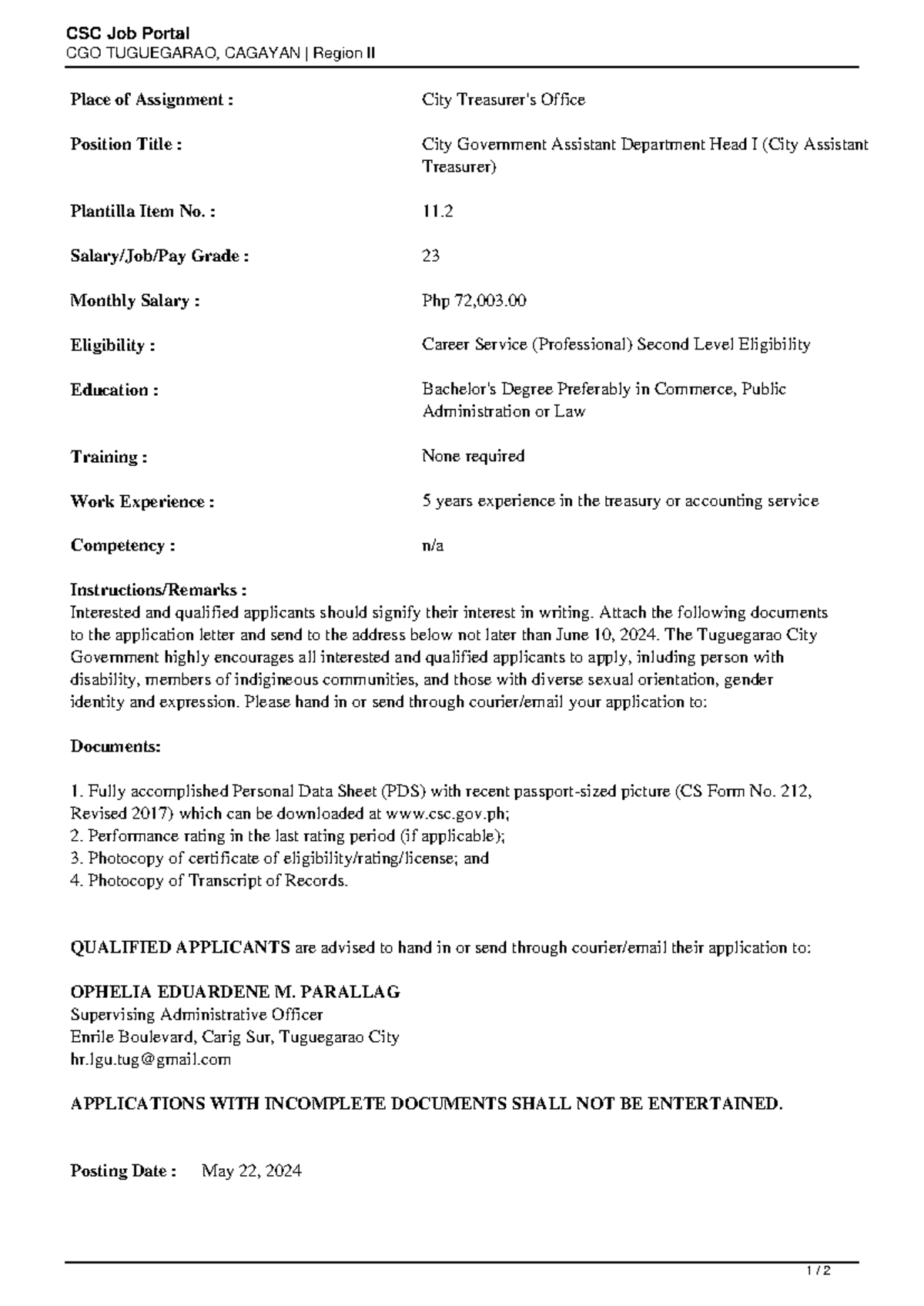 CGO Tuguegarao Cagayan-City Government Assistant Department Head I City Assistant Treasurer ...