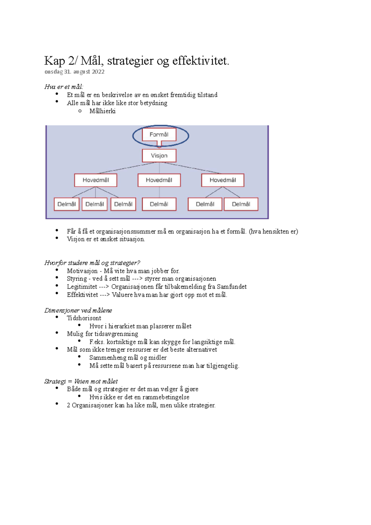 Forelesingsnotater Kap. 2 - Kap 2/ Mål, strategier og effektivitet. onsdag 31. august 2022 Hva ...
