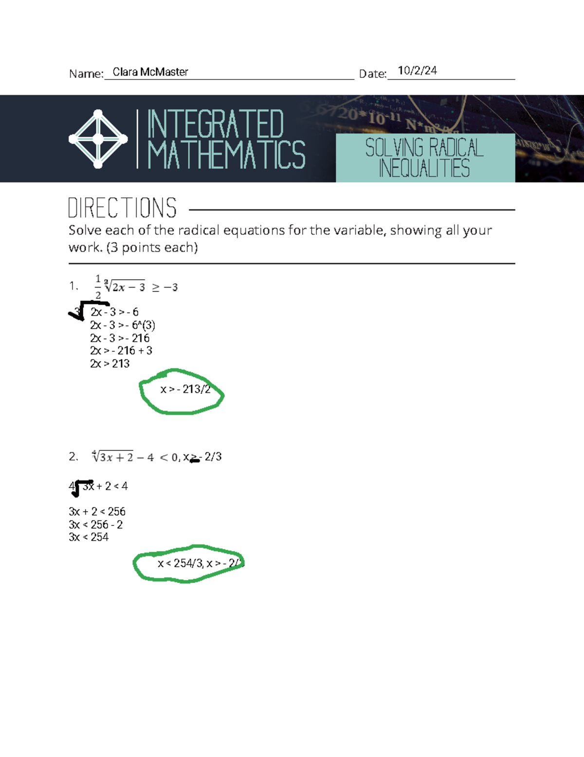 Clara Mc Master-integrated math 2 - Name: _________________________________________________ Date ...