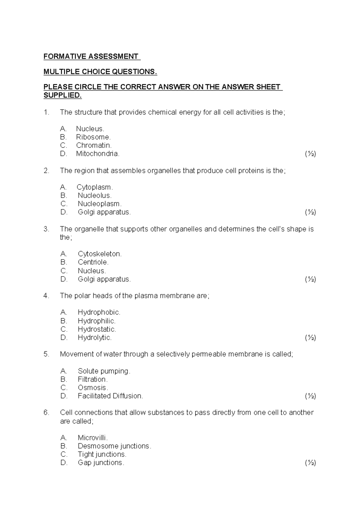 Multiple Choice Formative - FORMATIVE ASSESSMENT MULTIPLE CHOICE ...