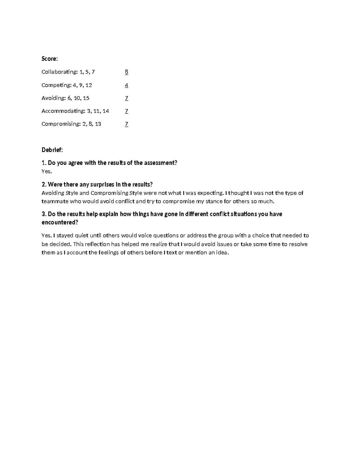 Conflict Management Styles Assessment - Score: Collaborating: 1, 5, 7 8 ...