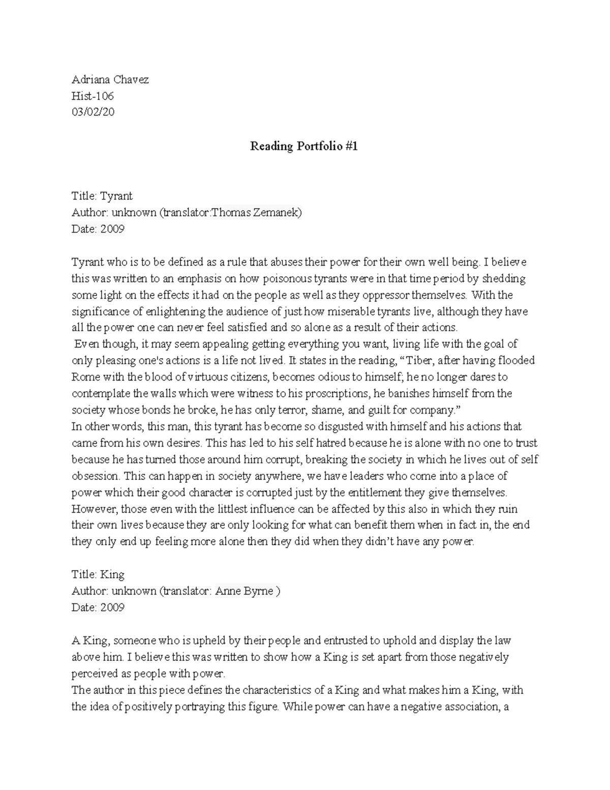 Reading portfolio #1 for English - Adriana Chavez Hist- 03/02/ Reading ...