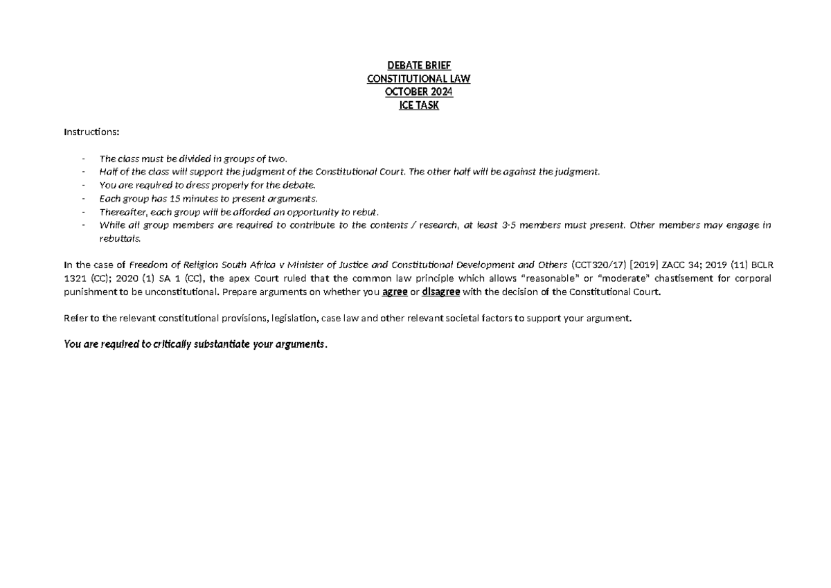 Debate Brief - DEBATE BRIEF CONSTITUTIONAL LAW OCTOBER 2024 ICE TASK ...