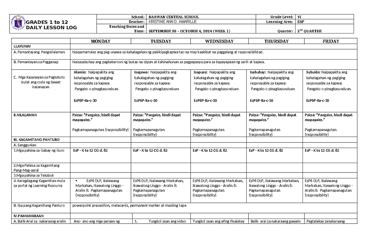 DLL ESP 6 Q2 W1 - Sample daily lesson log for teachers - GRADES 1 to 12 ...