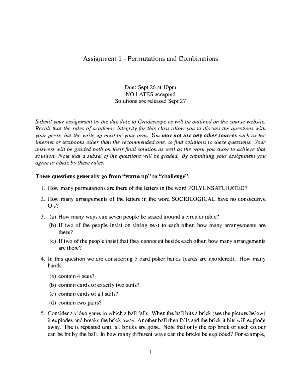 csca 67 Assignment1 0132896134 - Assignment 1 - Permutations and Combinations Due: Sept 26 at ...