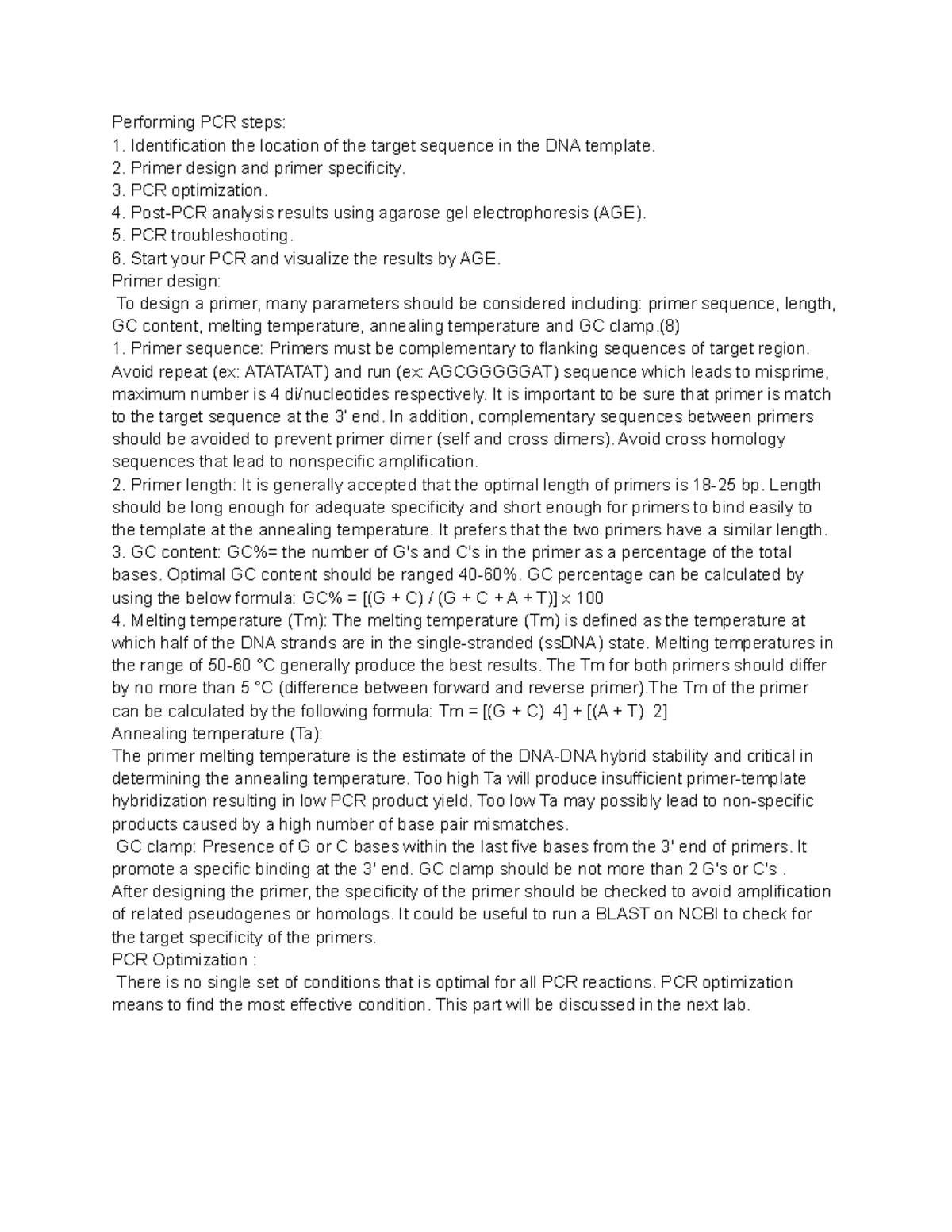 Performing PCR steps - notes - Performing PCR steps: Identification the ...